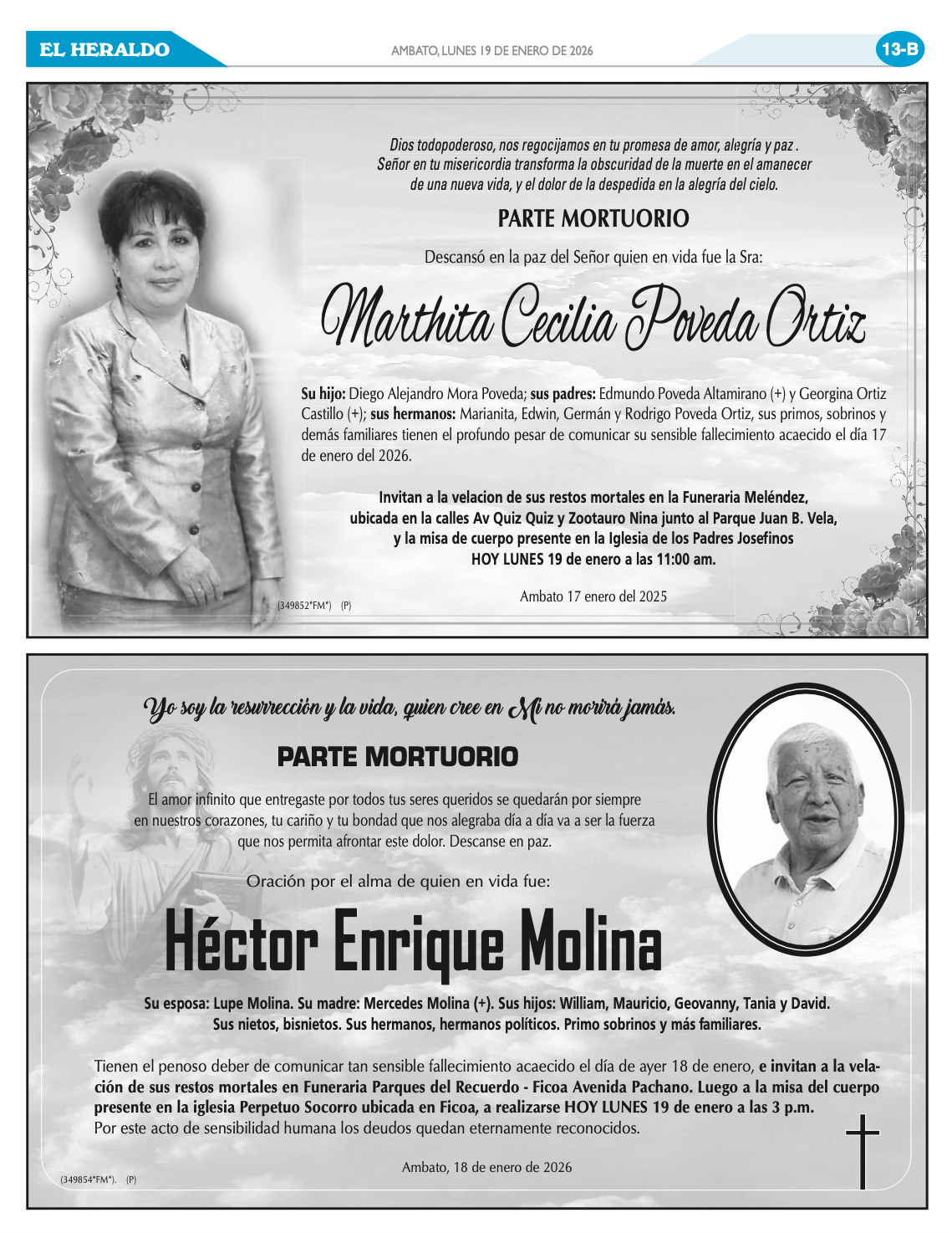 PARTES MORTUORIOS Y OBITUARIOS 19 DE ENERO DE 2026 - El Heraldo